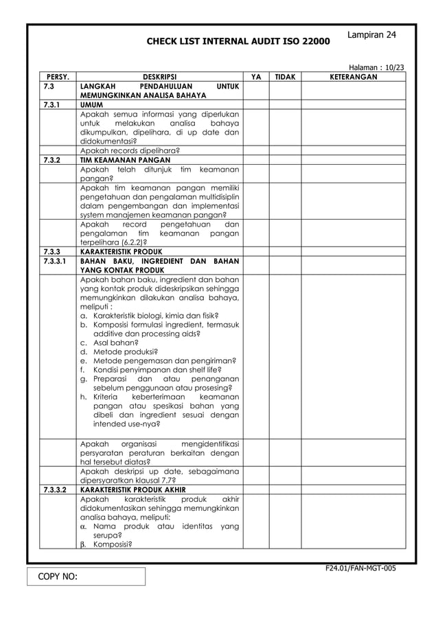 Checklist ISO 22000 versi 2005 | PDF