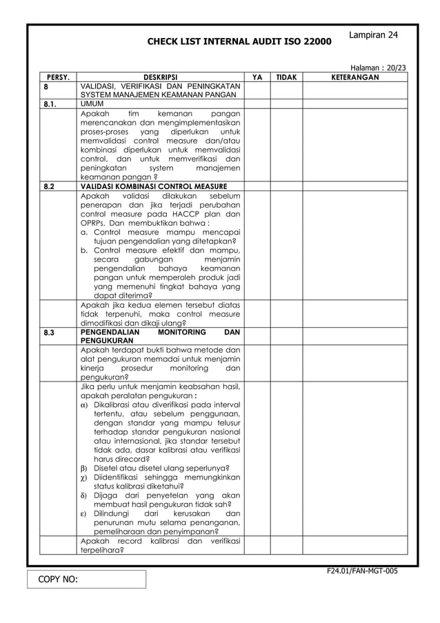 Checklist ISO 22000 versi 2005 | PDF