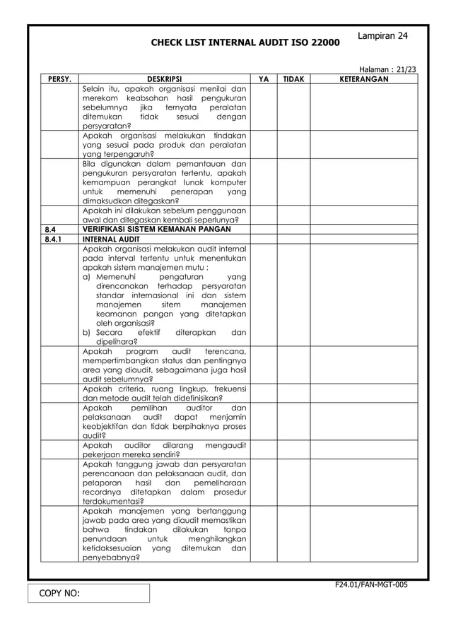 Checklist ISO 22000 versi 2005 | PDF