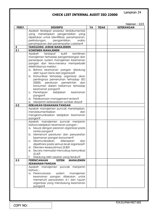 Checklist ISO 22000 versi 2005 | PDF