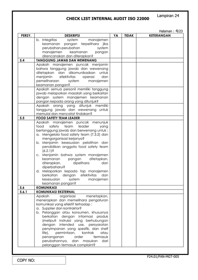Checklist ISO 22000 versi 2005 | PDF