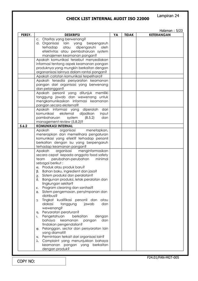 Checklist ISO 22000 versi 2005 | PDF