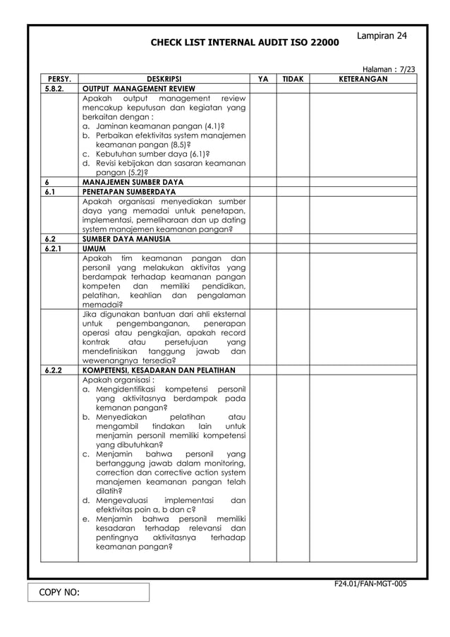 Checklist ISO 22000 versi 2005 | PDF