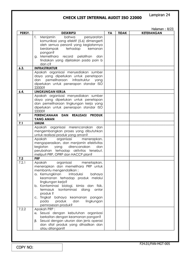 Checklist ISO 22000 versi 2005 | PDF