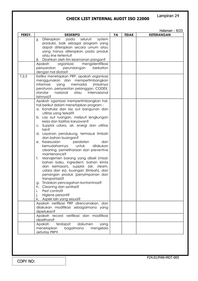 Checklist ISO 22000 versi 2005 | PDF