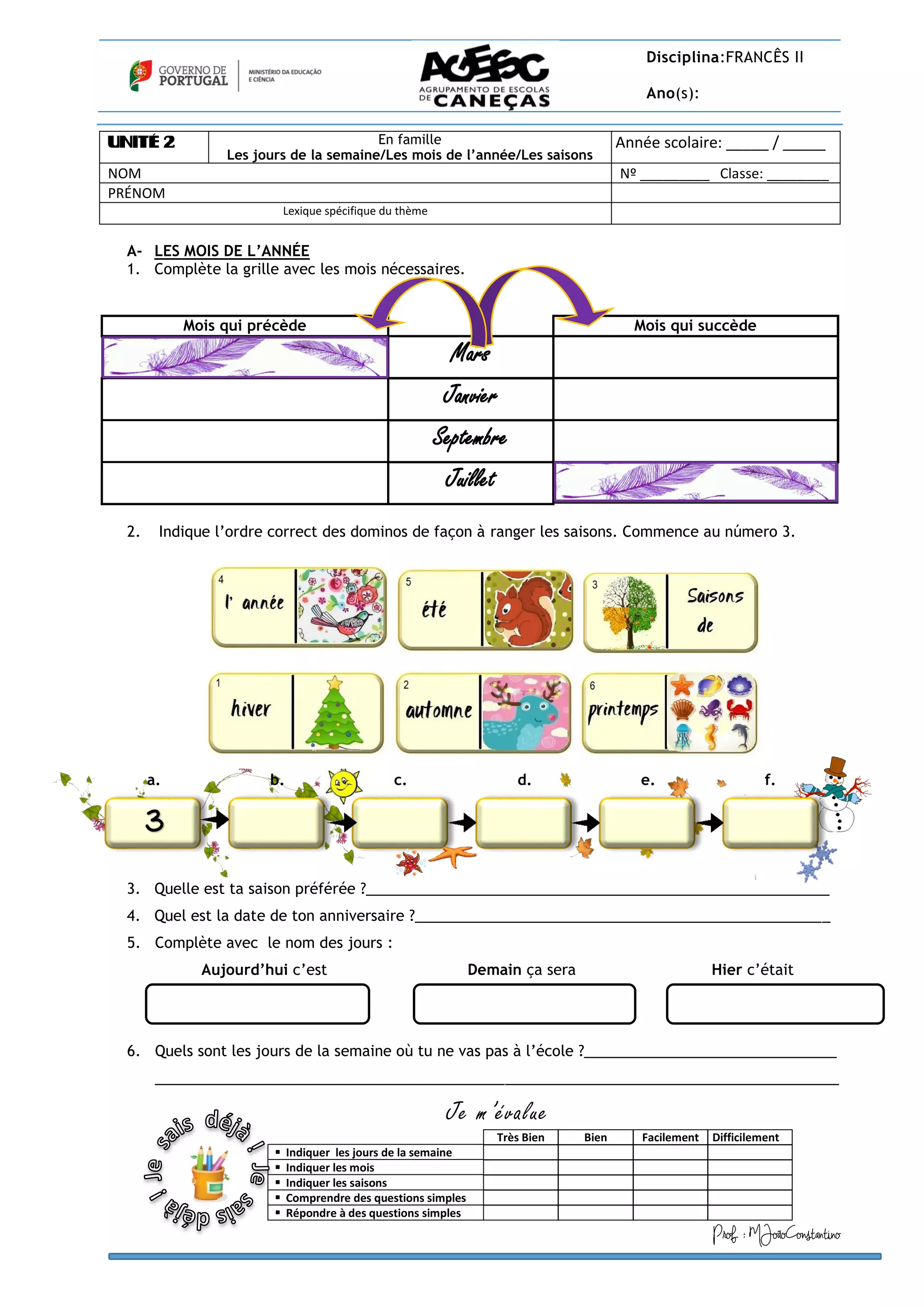 FRANÇAIS.Fiche A1 Les jours de la semaine/Les mois de l’année / Les ...