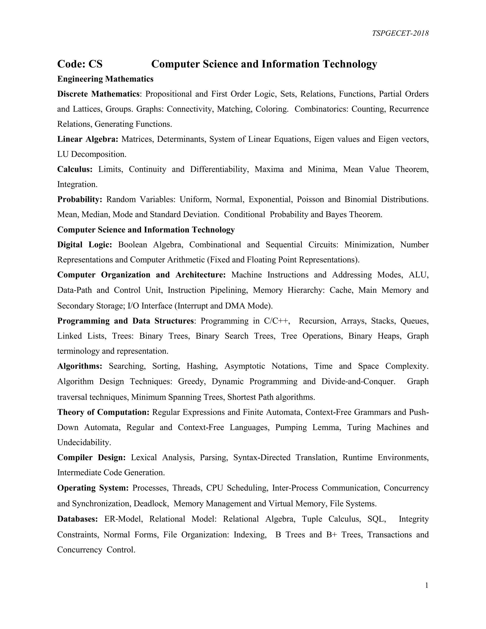 TS PGECET Computer Science 2018 Syllabus | PDF TS PGECET Computer Science 2018 Syllabus | PDF