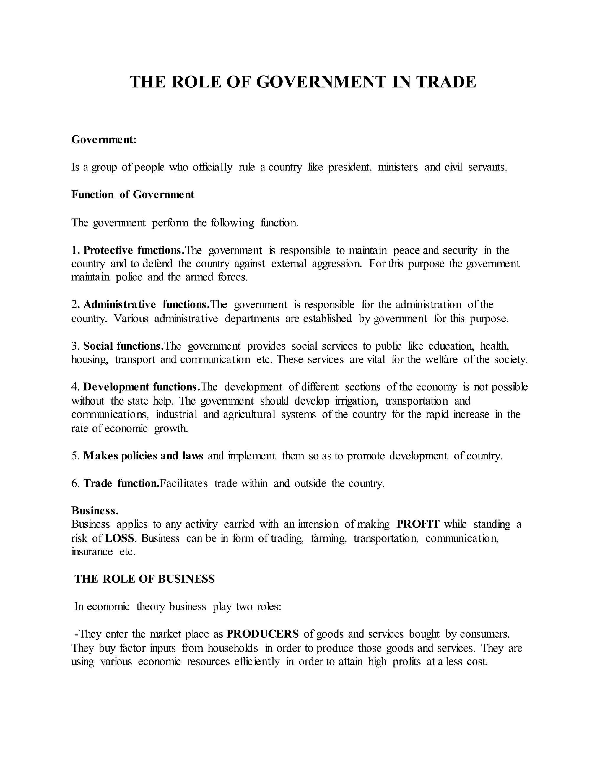 THE ROLE OF GOVERNMENT IN TRADE | DOCX