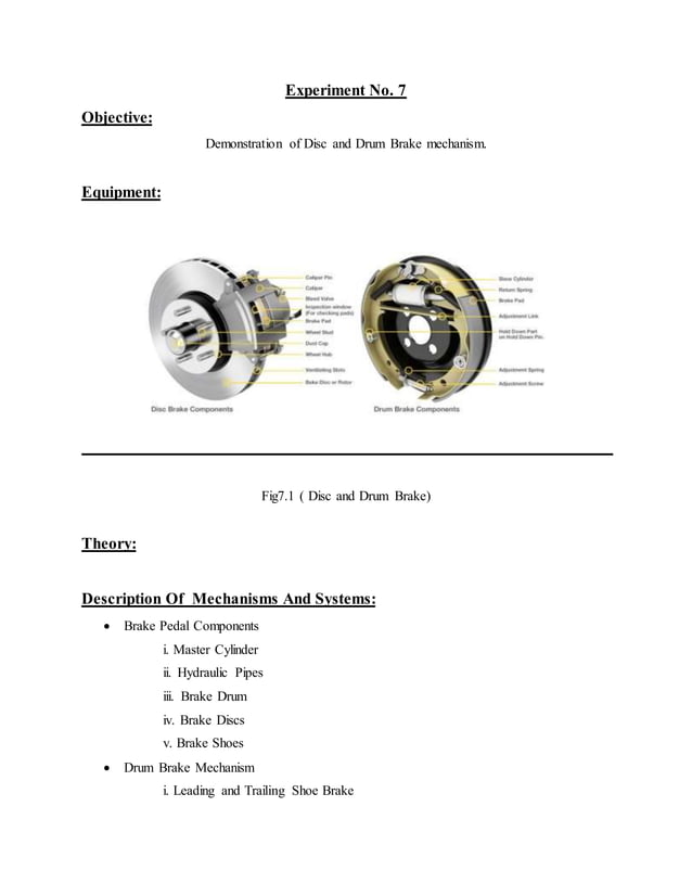 Demonstration of Disc and Drum Brake mechanism. | DOCX | Automotive