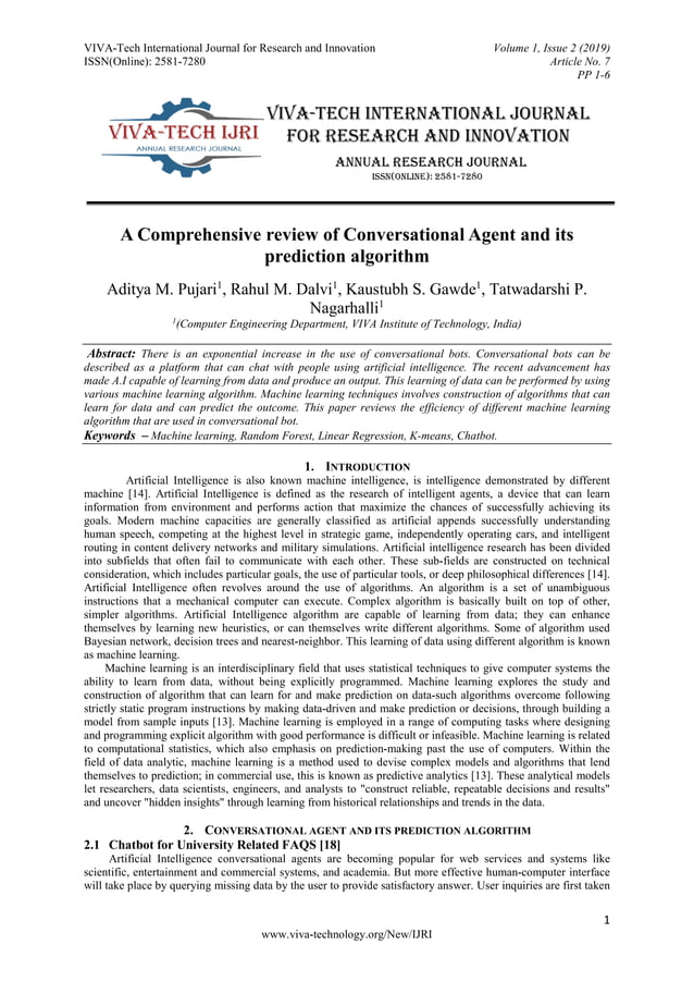 A Comprehensive review of Conversational Agent and its prediction algorithm | PDF