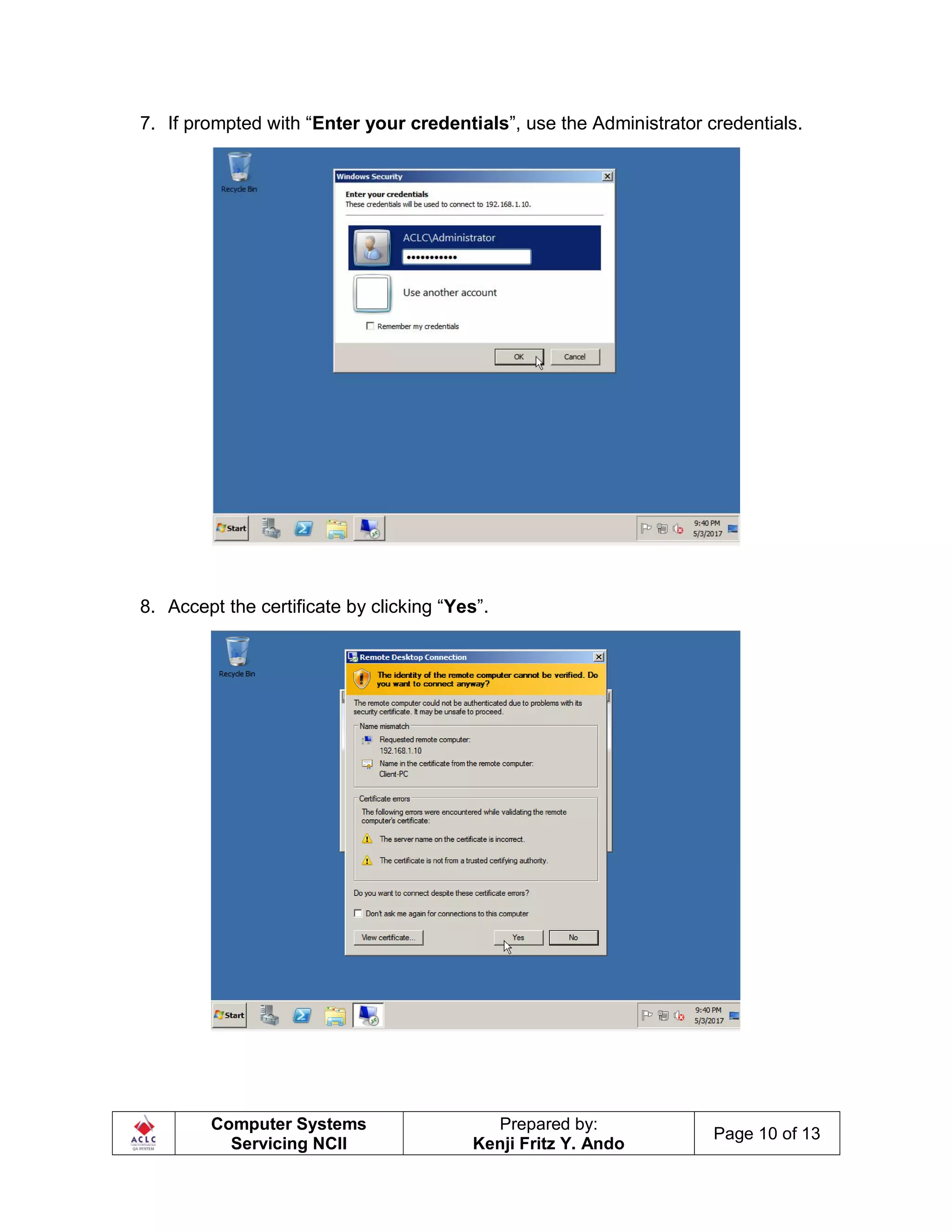 Css Module 7 Connect To Another Computer Using Remote Desktop Connection Pdf
