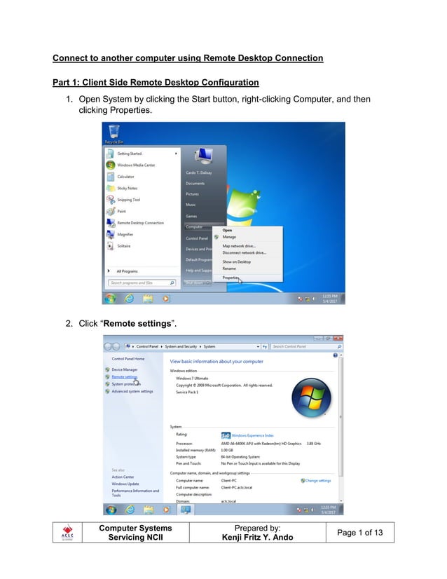 CSS Module 7 - Connect to another Computer using Remote Desktop Connection | PDF | Desktops ...
