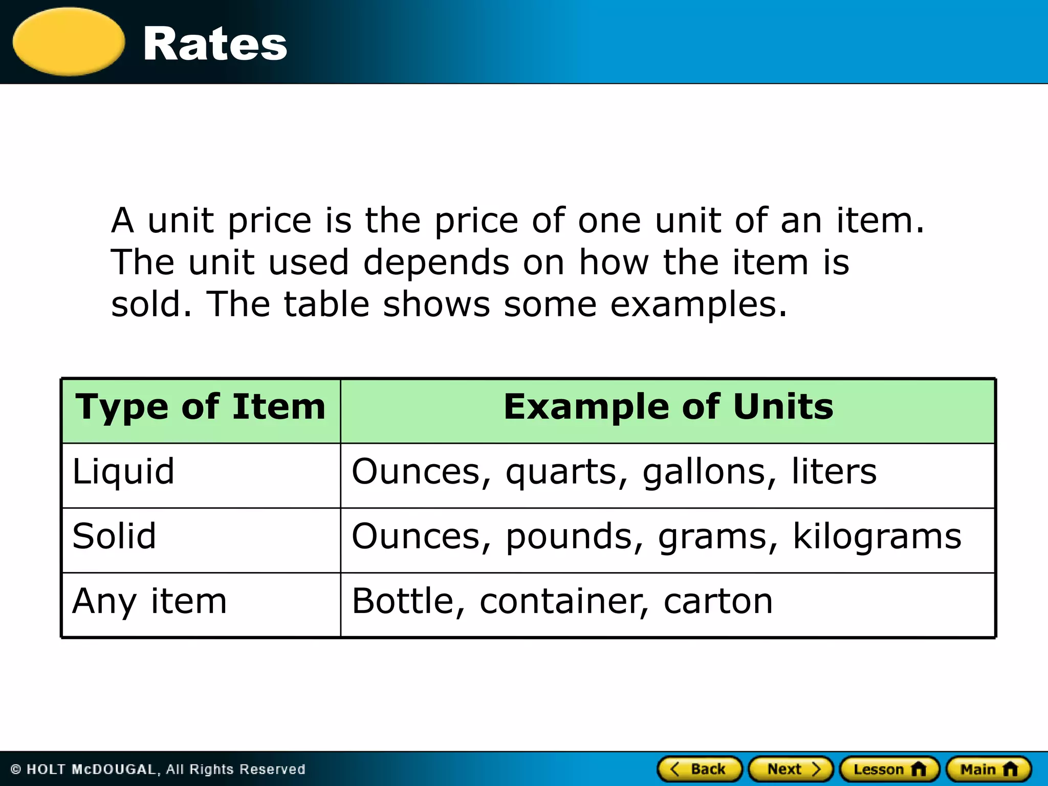 Rates and Unit Rate | PPTX | Food & Drink