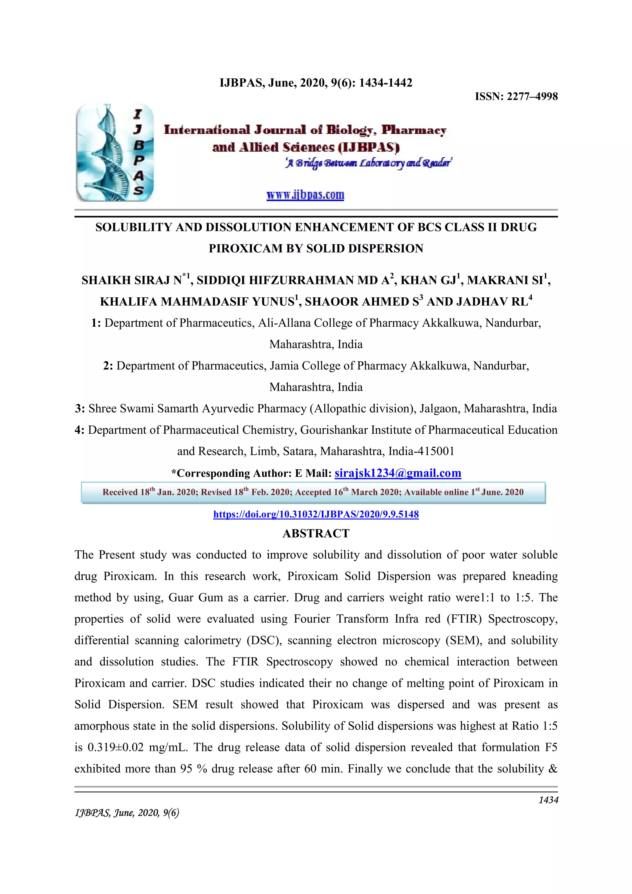 Solubility and dissolution enhancement of BCS class ii drug Piroxicam ...