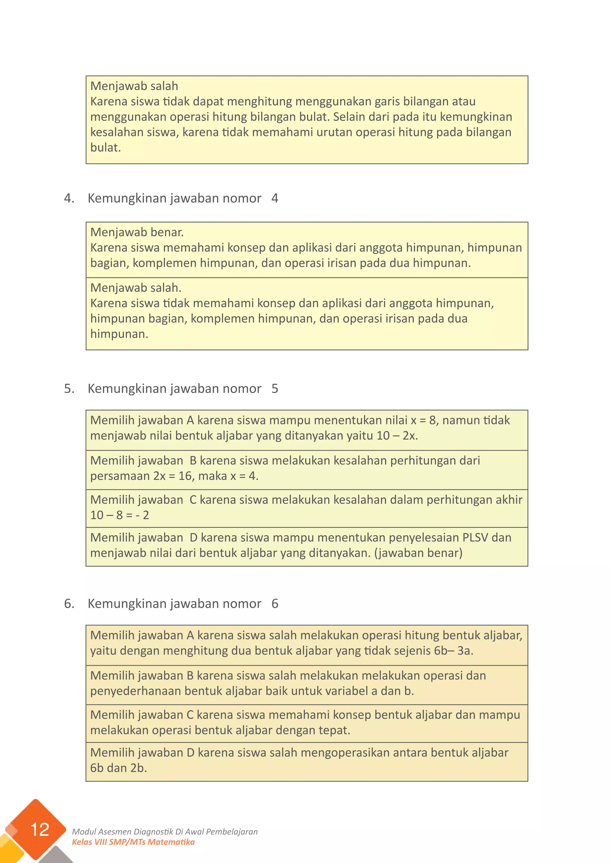 Modul Asesmen Awal Matematika SMP/MTs Kelas VIII | PDF