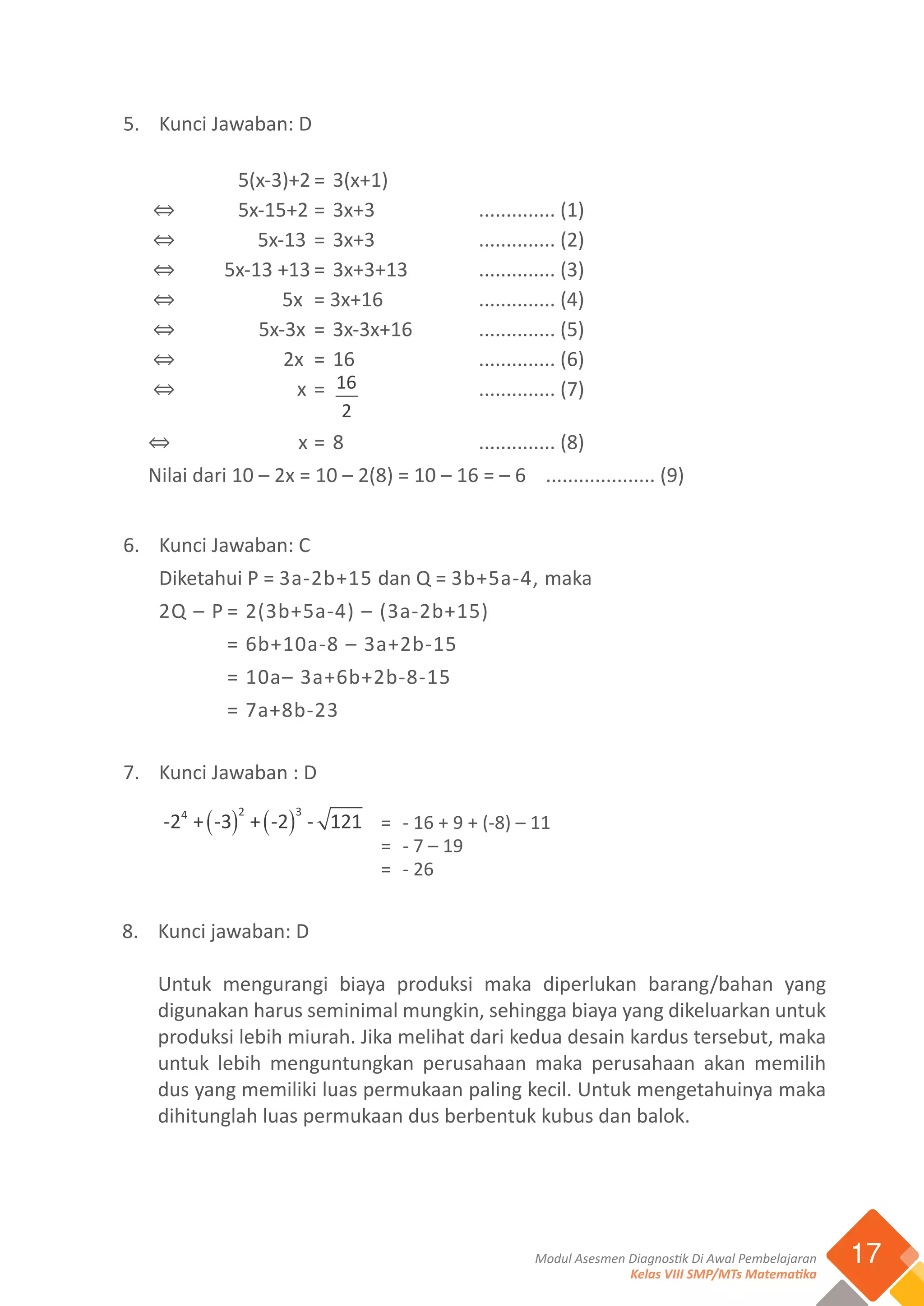Modul Asesmen Awal Matematika SMP/MTs Kelas VIII | PDF