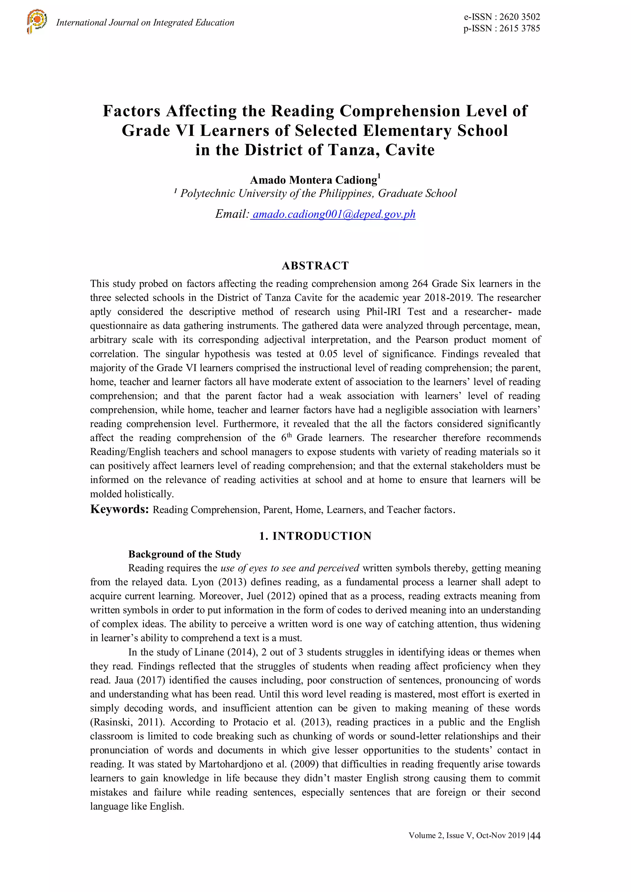 Factors Affecting the Reading Comprehension Level of Grade VI Learners ...