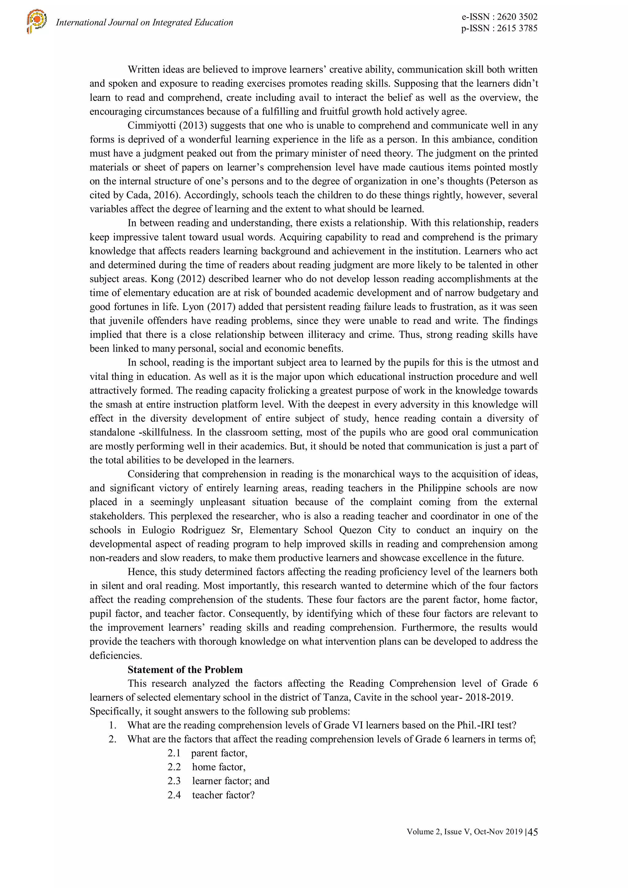 Factors Affecting the Reading Comprehension Level of Grade VI Learners ...