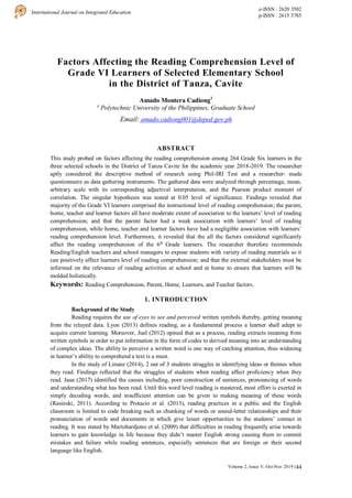 Factors Affecting the Reading Comprehension Level of Grade VI Learners ...