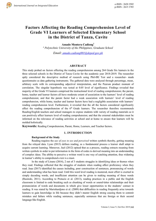 Factors Affecting the Reading Comprehension Level of Grade VI Learners ...