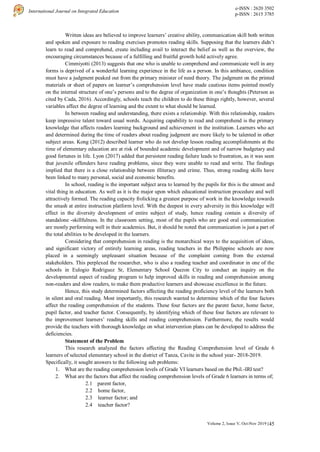 Factors Affecting the Reading Comprehension Level of Grade VI Learners ...