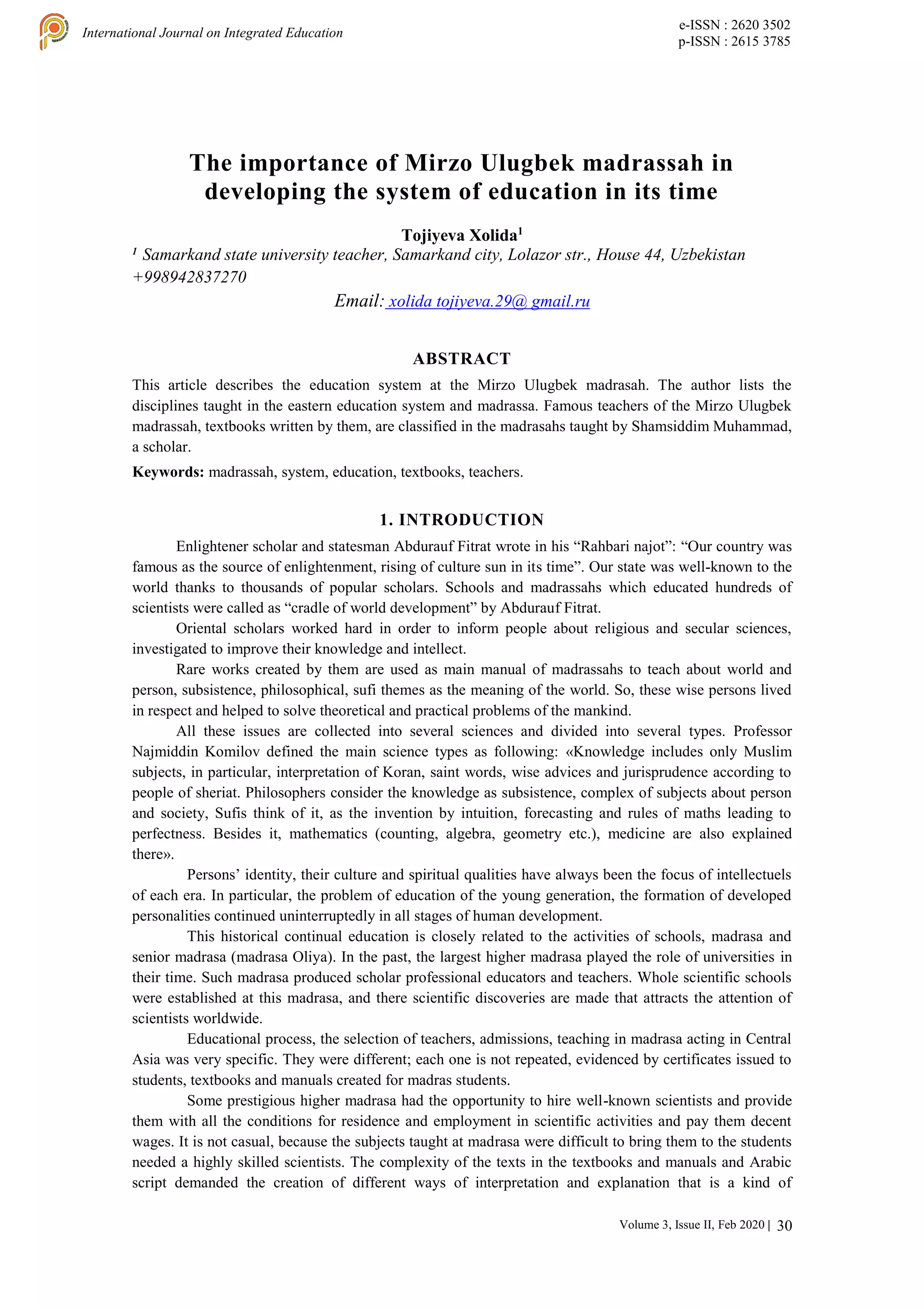 The importance of Mirzo Ulugbek madrassah in developing the system of ...