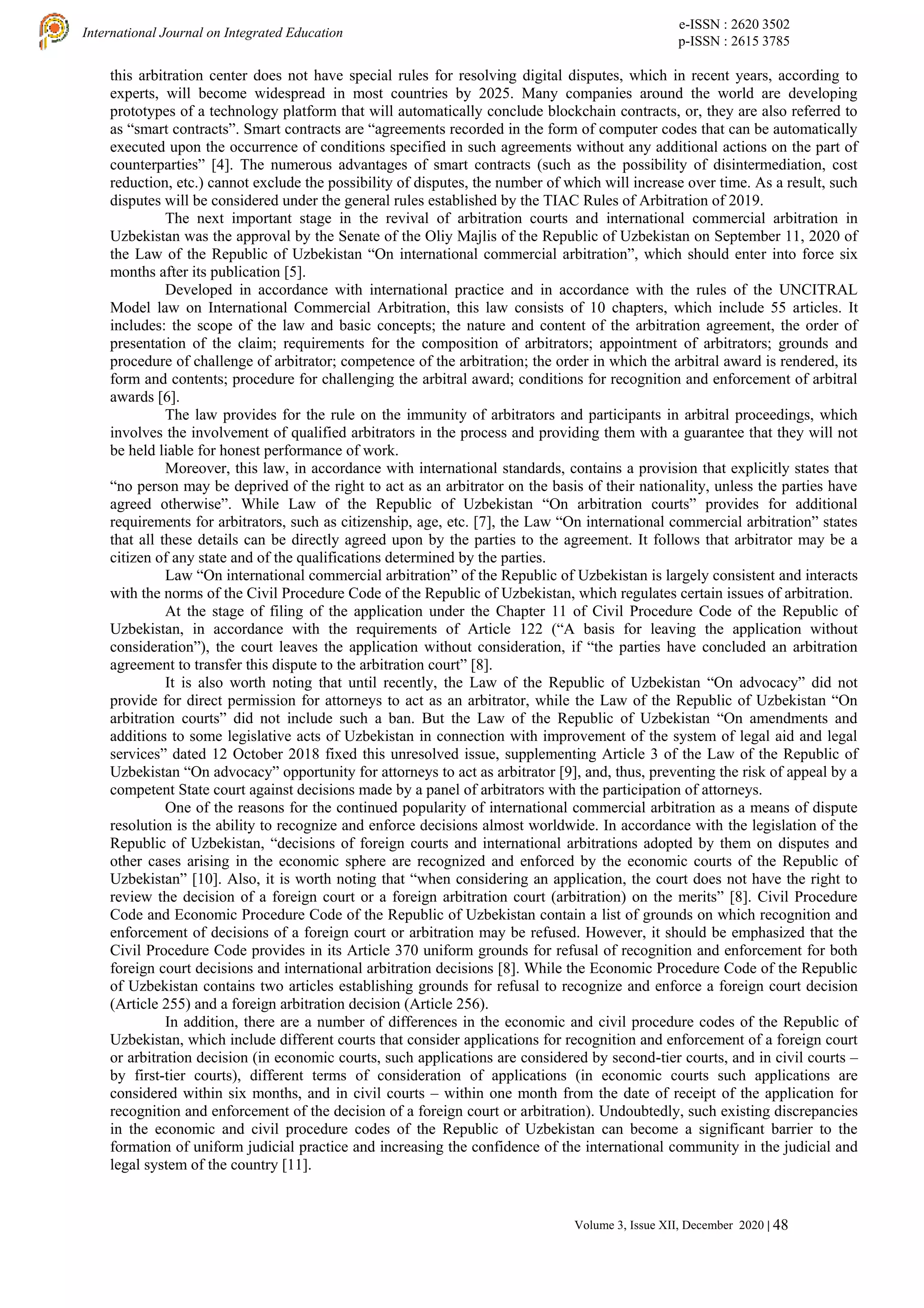 International commercial arbitration in Uzbekistan: current state and development prospects | PDF