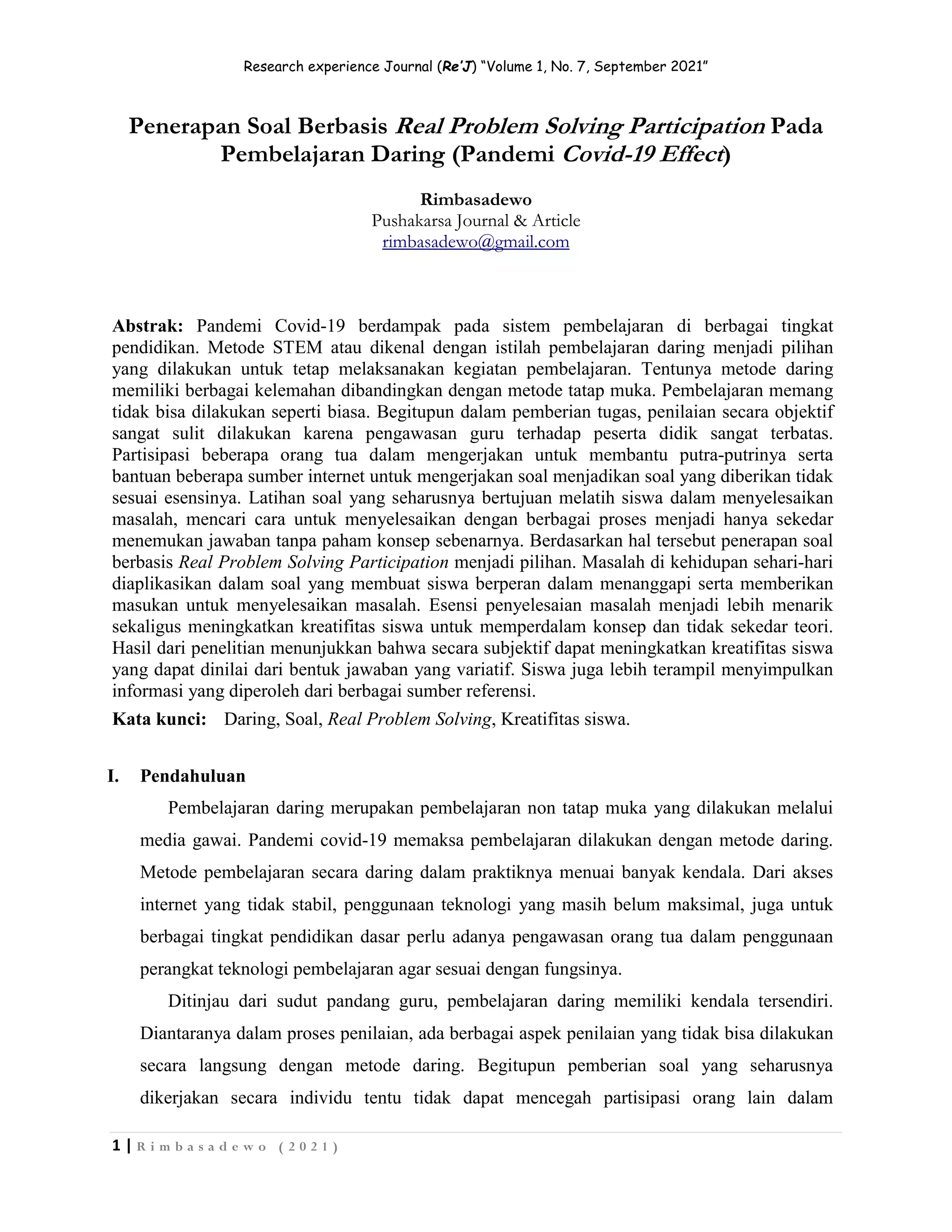 rimbasadewo experience journal re'j vol.1 penerapan soal berbasis problem solving pada ...