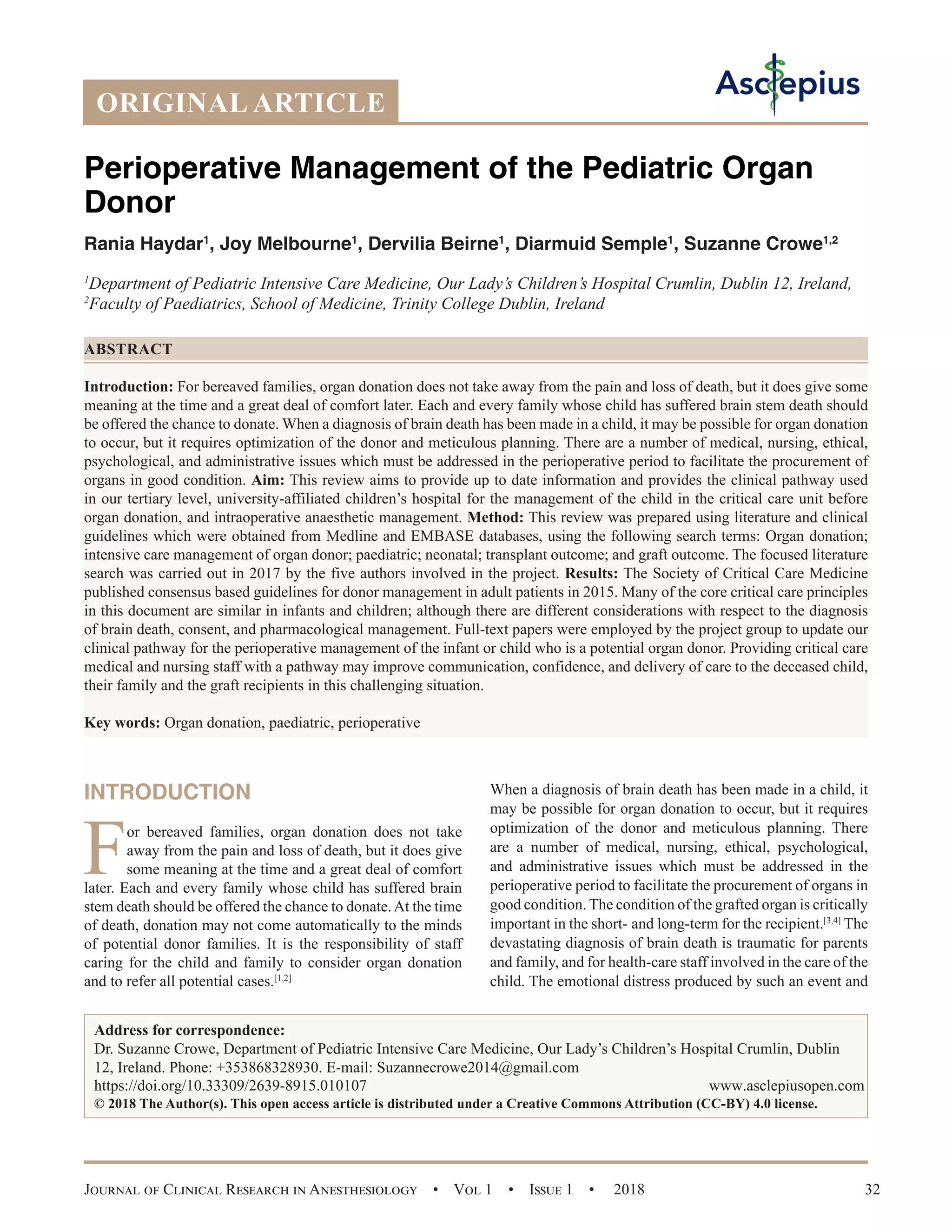 Perioperative Management of the Pediatric Organ Donor | PDF