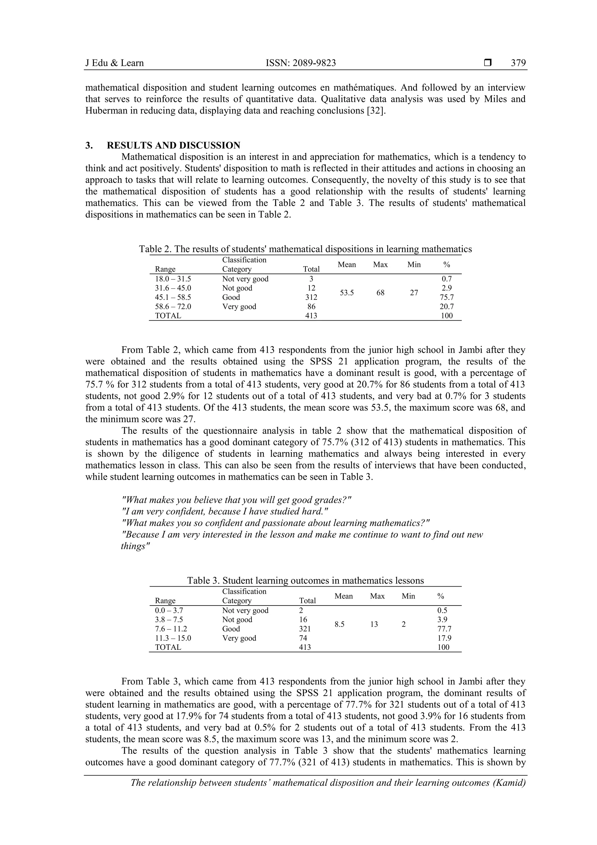 The relationship between students’ mathematical disposition and their ...