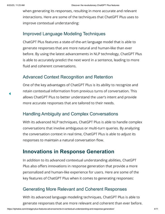 ChatGPT Plus Features: Advancements in Contextual Understanding and Response Generation | PDF