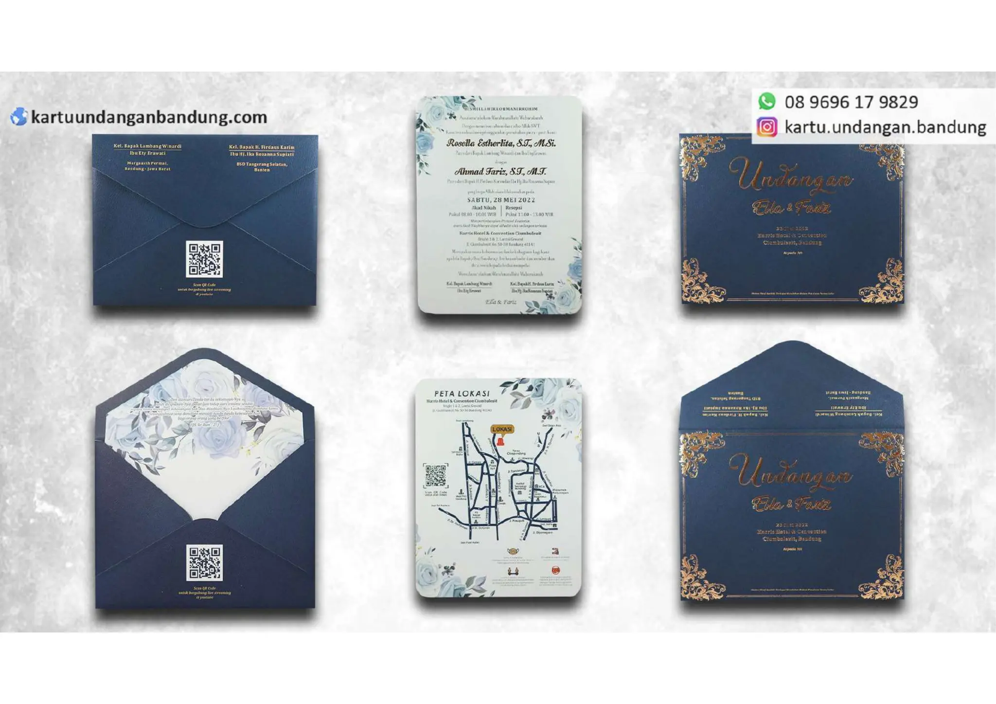 Kartu Undangan Model Single Hardcover + Amplop Mewah Elegant Navy | PPT