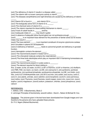 Some Q & A Vitamins, coenzyme, minerals | IGNOU Biochemistry CHE9 (in English /Hinglish) | PDF