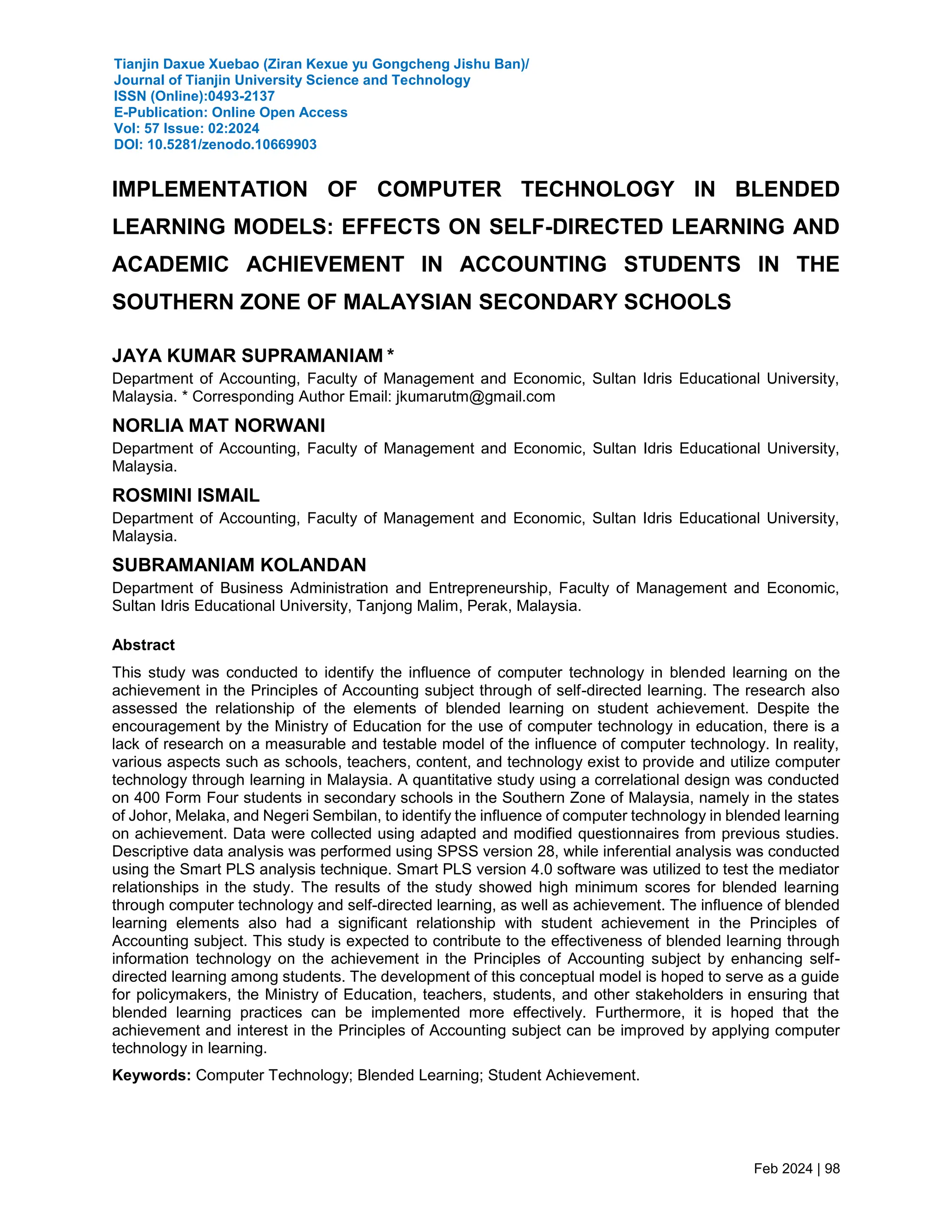 IMPLEMENTATION OF COMPUTER TECHNOLOGY IN BLENDED LEARNING MODELS: EFFECTS ON SELF-DIRECTED ...