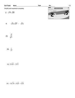 Simplifying Radicals exercises to practice | PDF