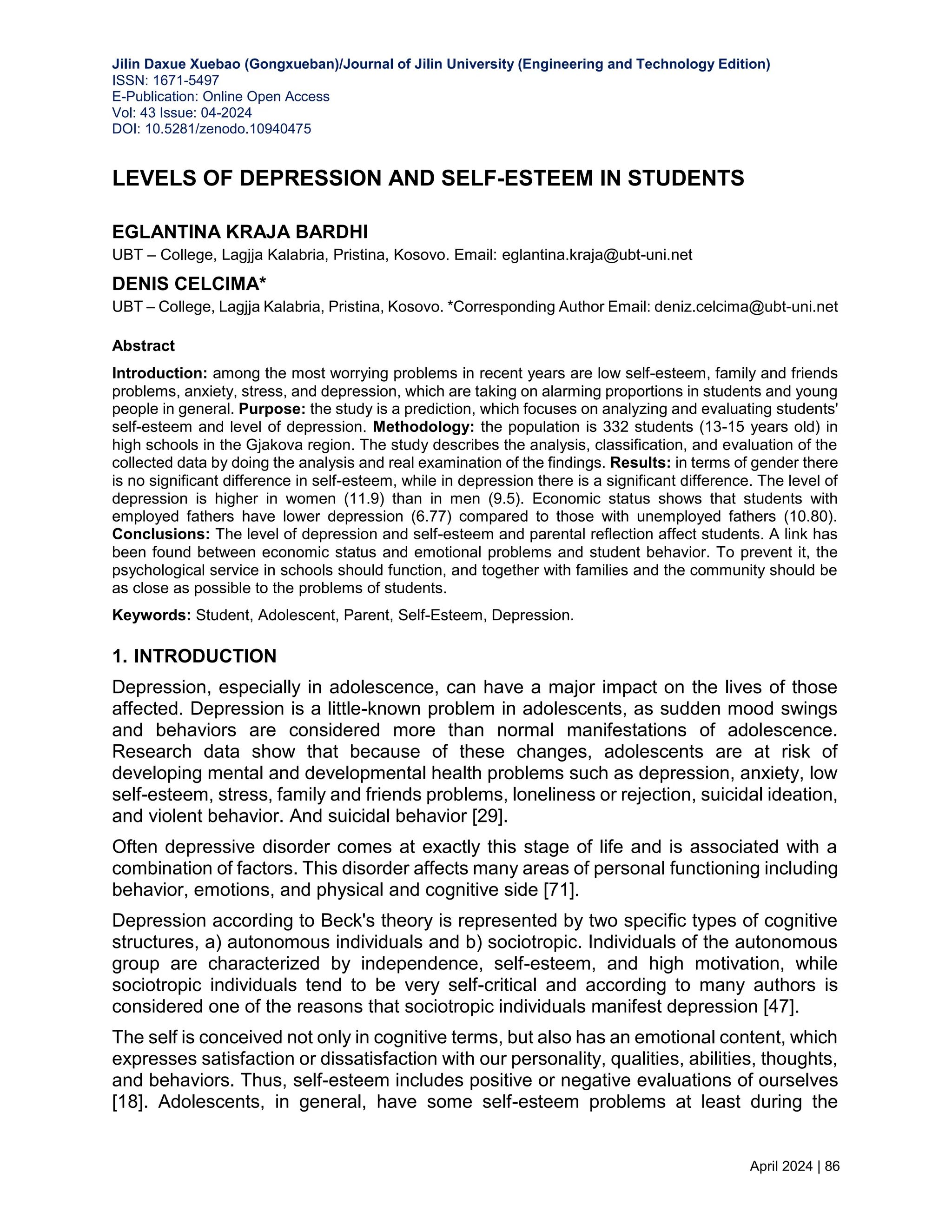 LEVELS OF DEPRESSION AND SELF-ESTEEM IN STUDENTS | PDF