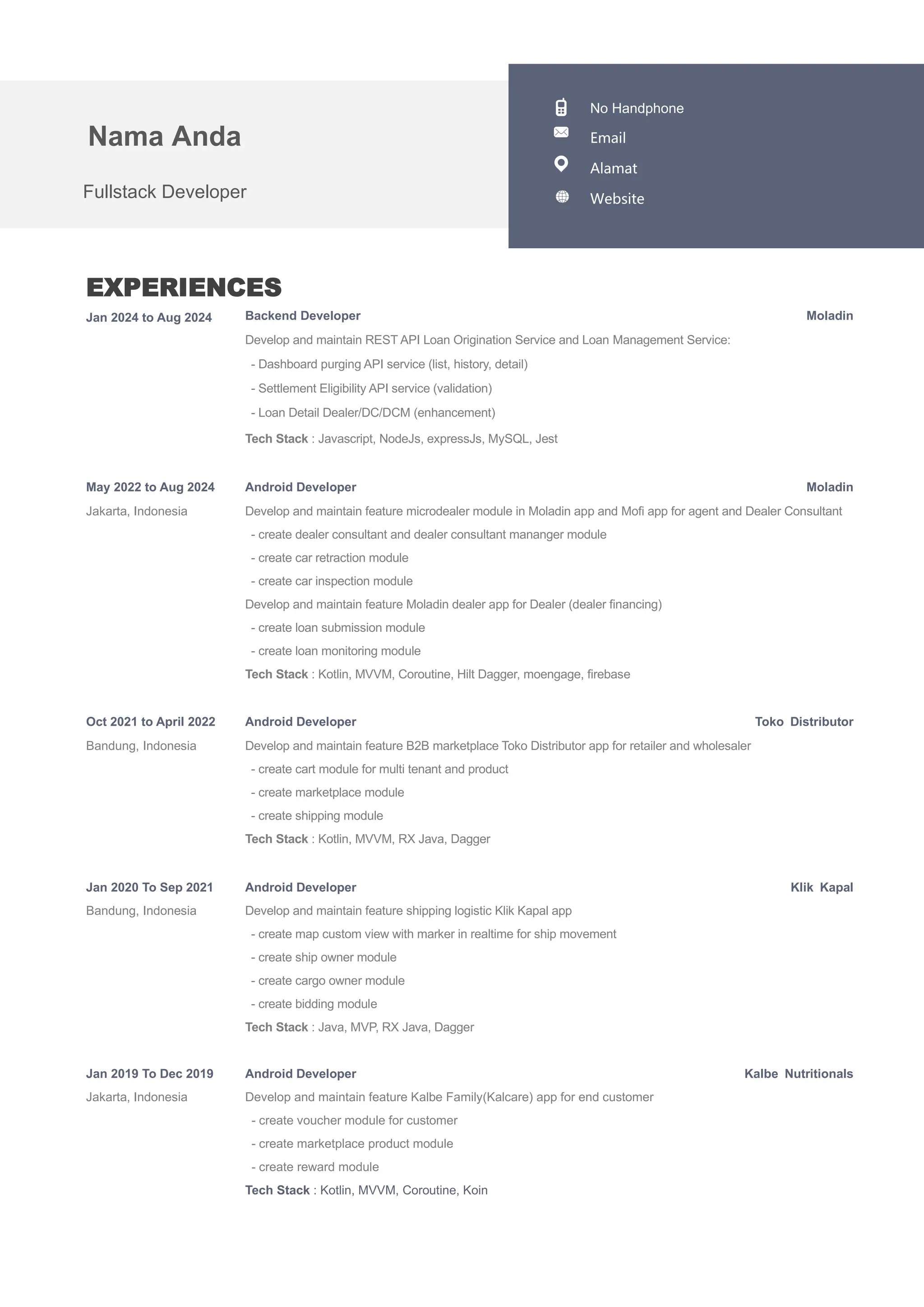 Contoh CV & Portofolio Fullstack Developer Menggunakan Bahasa Inggris | PDF