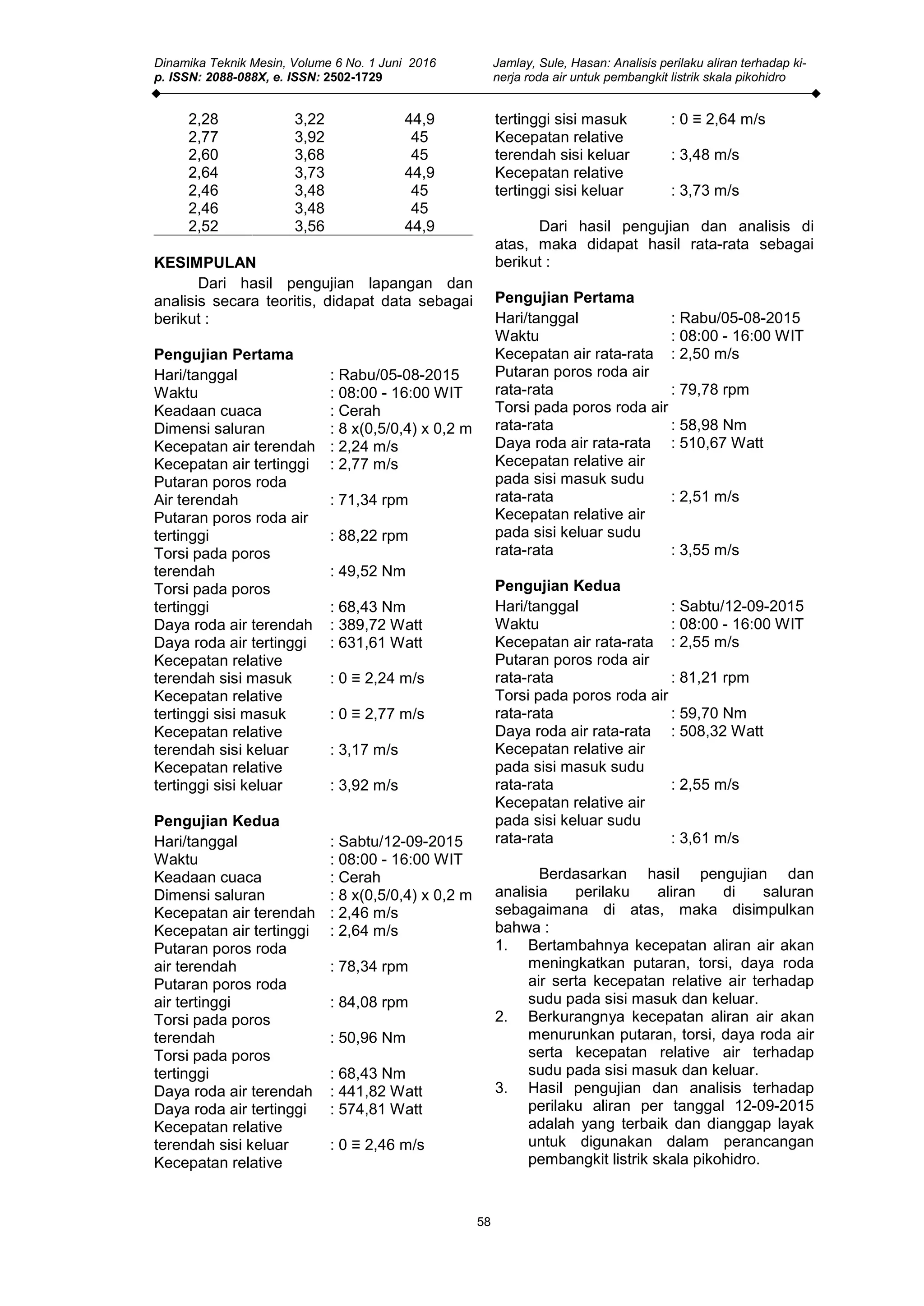 7 analisis perilaku aliran terhadap kinerja roda air arus bawah untuk ...