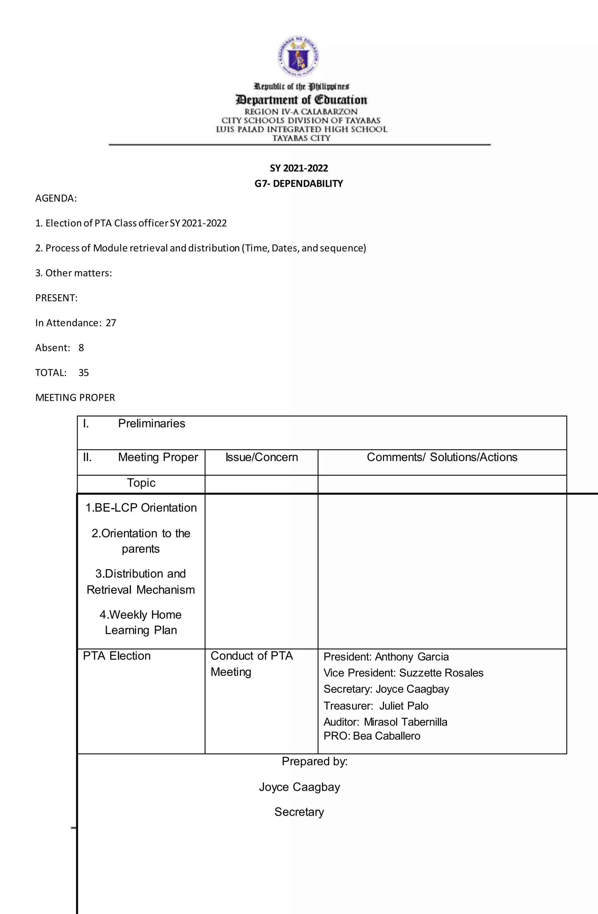 7 dependability pta meeting | DOCX