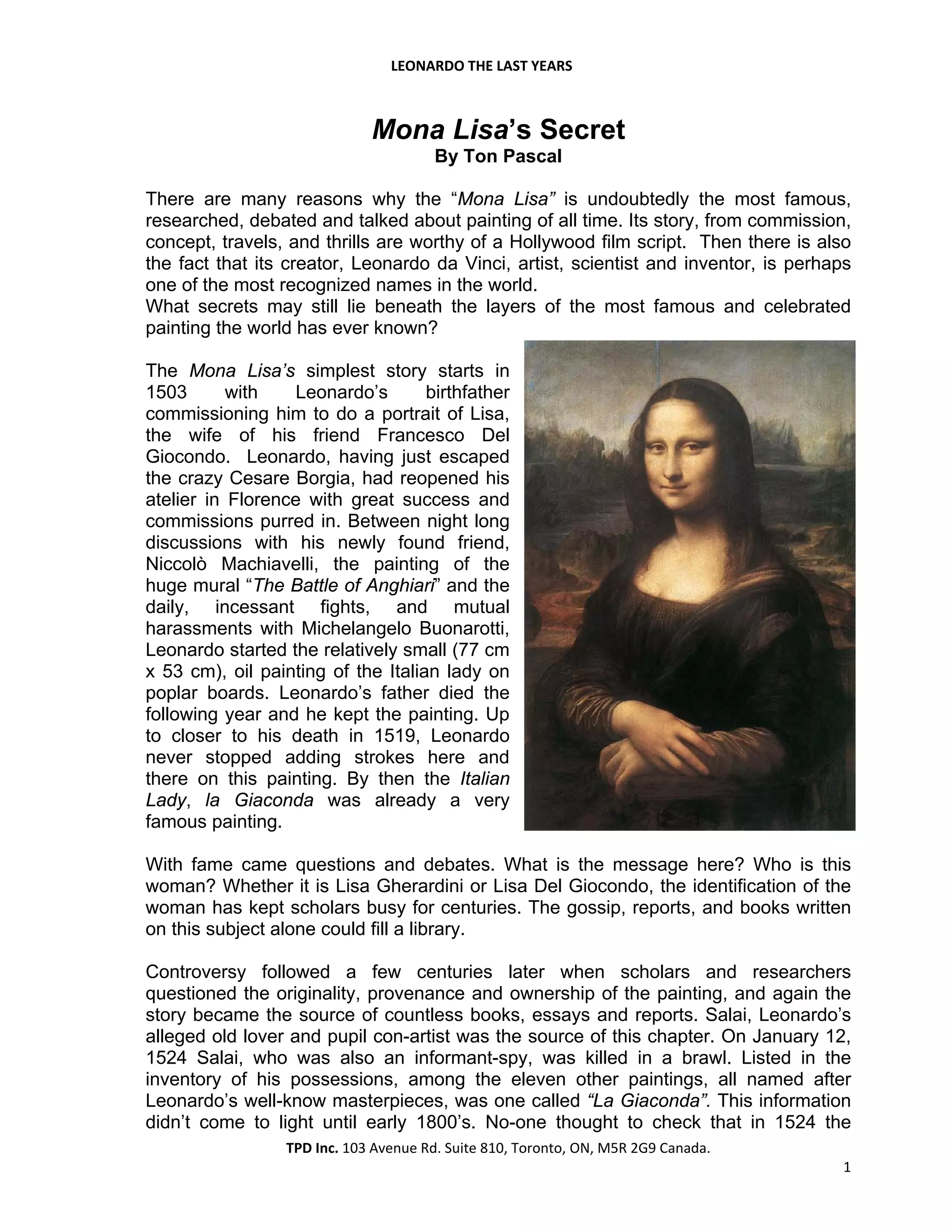 Mona Lisa's Secret by Ton Pascal | PDF