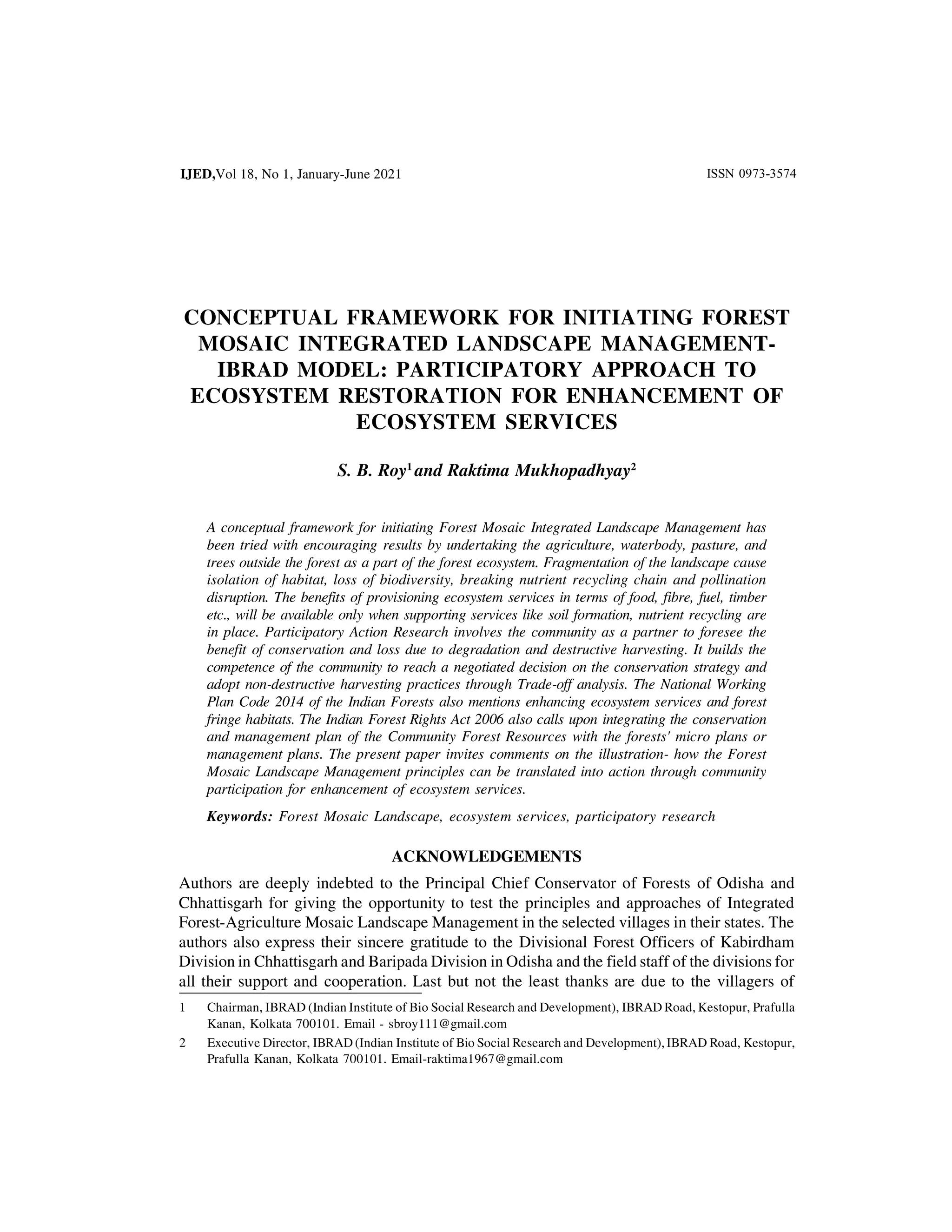 CONCEPTUAL FRAMEWORK FOR INITIATING FOREST MOSAIC INTEGRATED LANDSCAPE ...