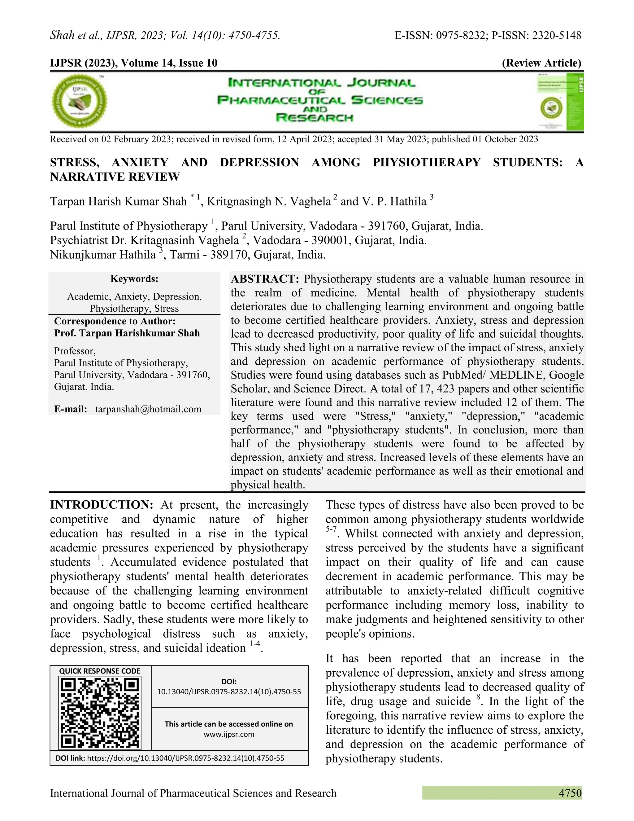 "Stress, Anxiety, and Depression among Physiotherapy: A Narrative ...