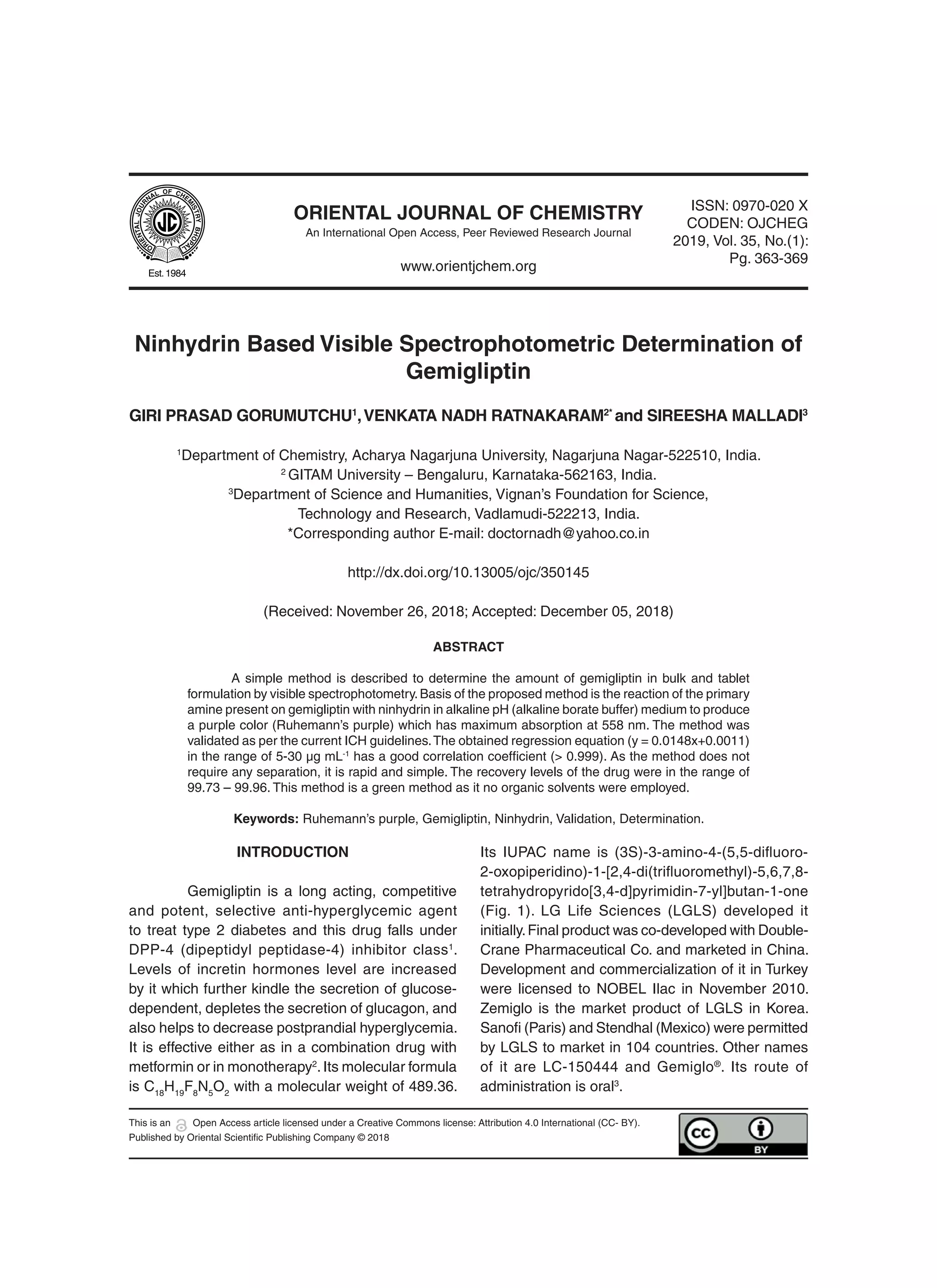 Ninhydrin Based Visible Spectrophotometric Determination of Gemigliptin | PDF