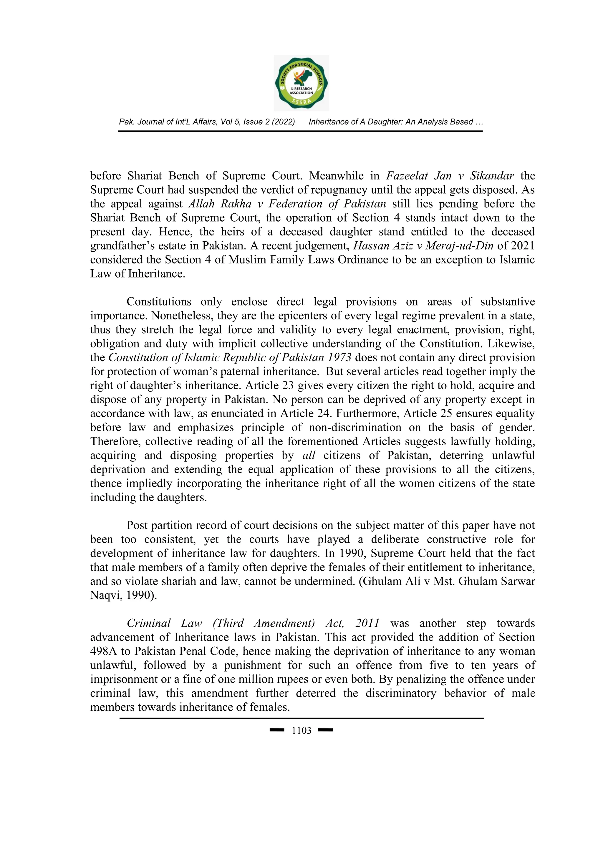 Inheritance of a Daughter - An Analysis Based on Islam & Laws Prevalent ...