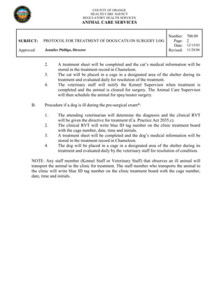 700.09 protocol for treatment of dogs and cats on surgery log | PDF