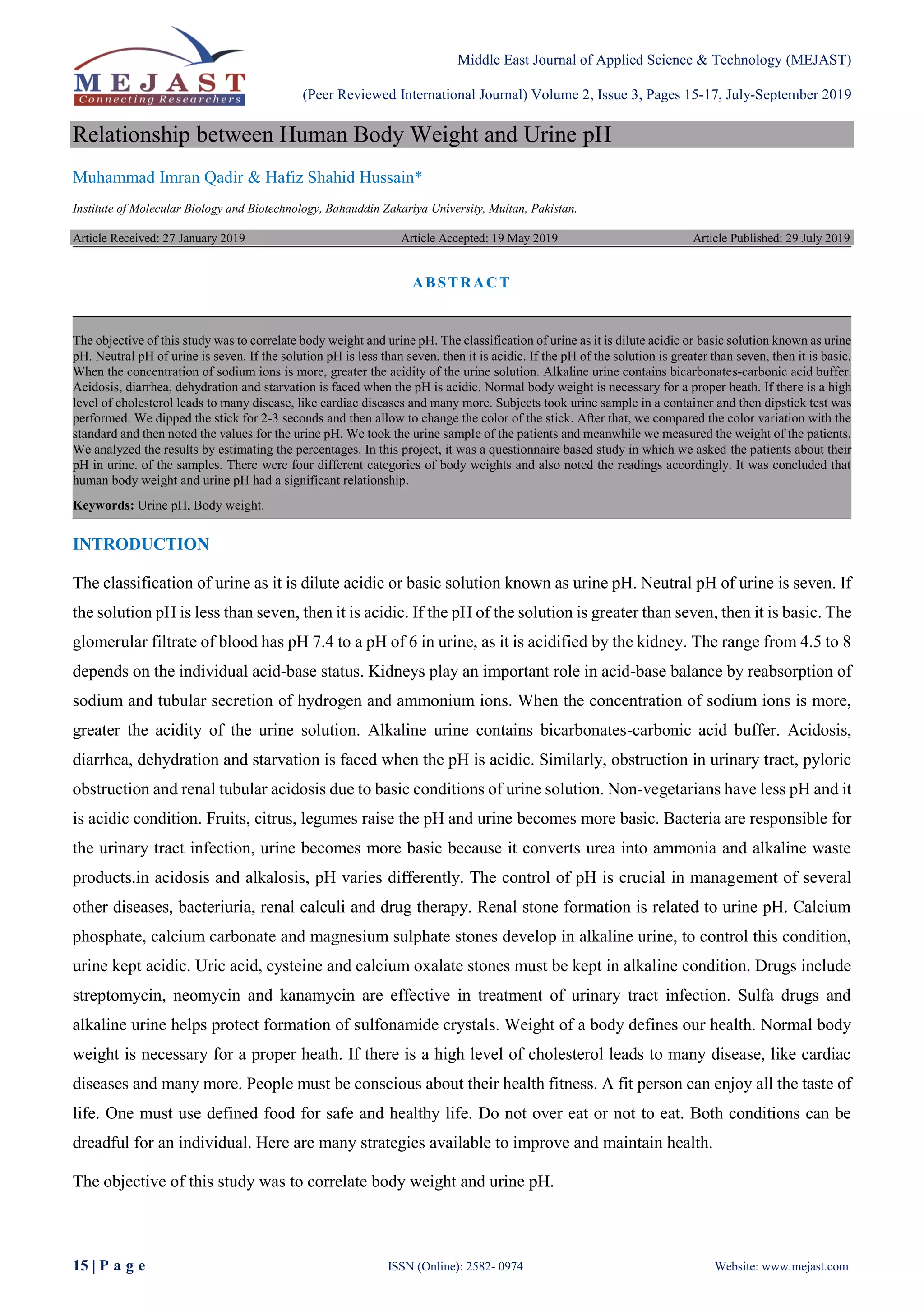 Relationship between Human Body Weight and Urine pH | PDF