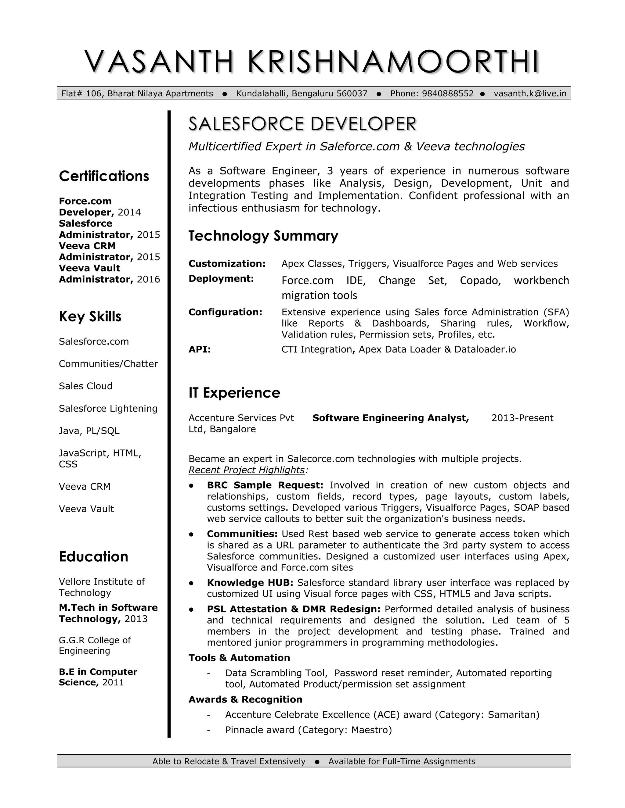 Vasanth Resume Snapshot | PDF