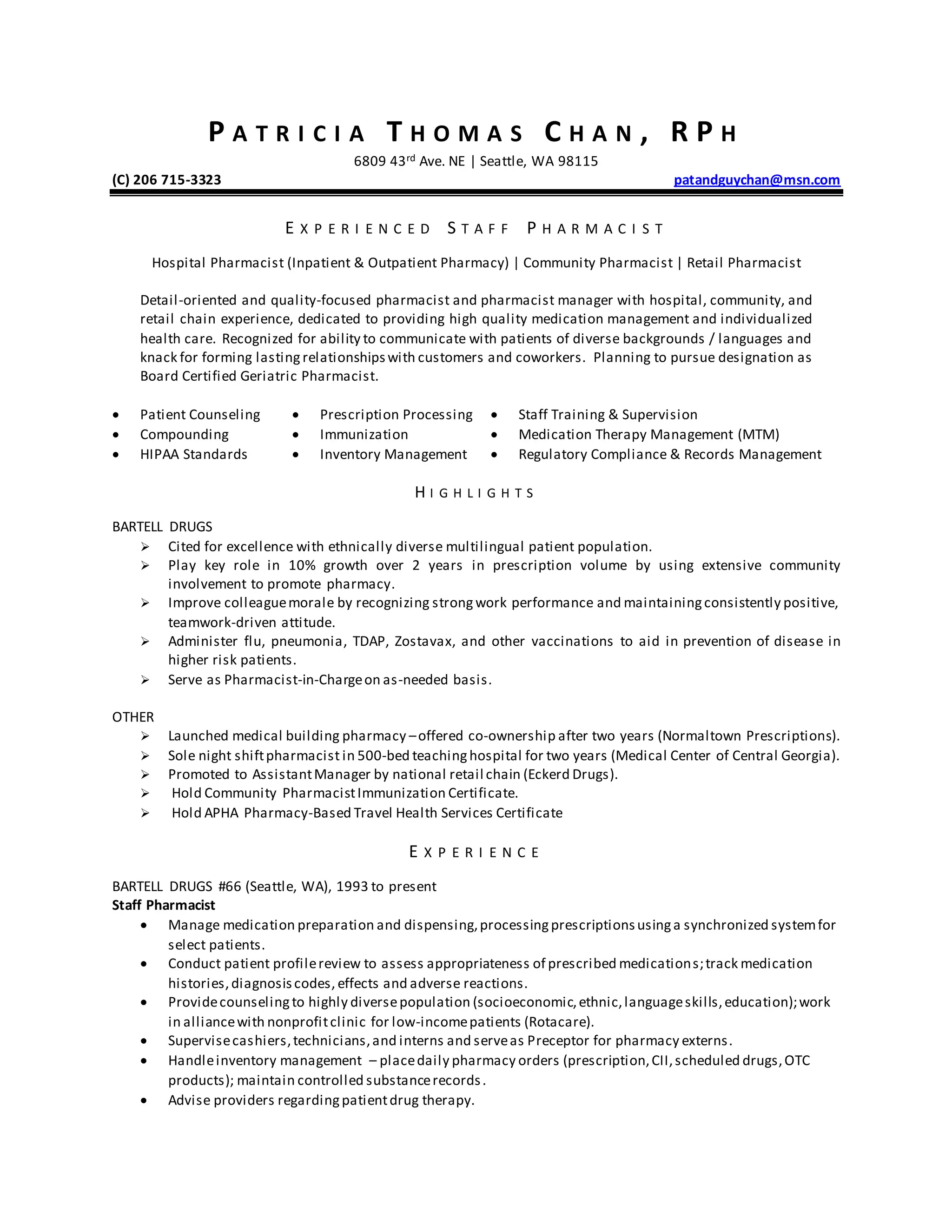 Patricia Thomas Chan RPh Resume 110513 | PDF