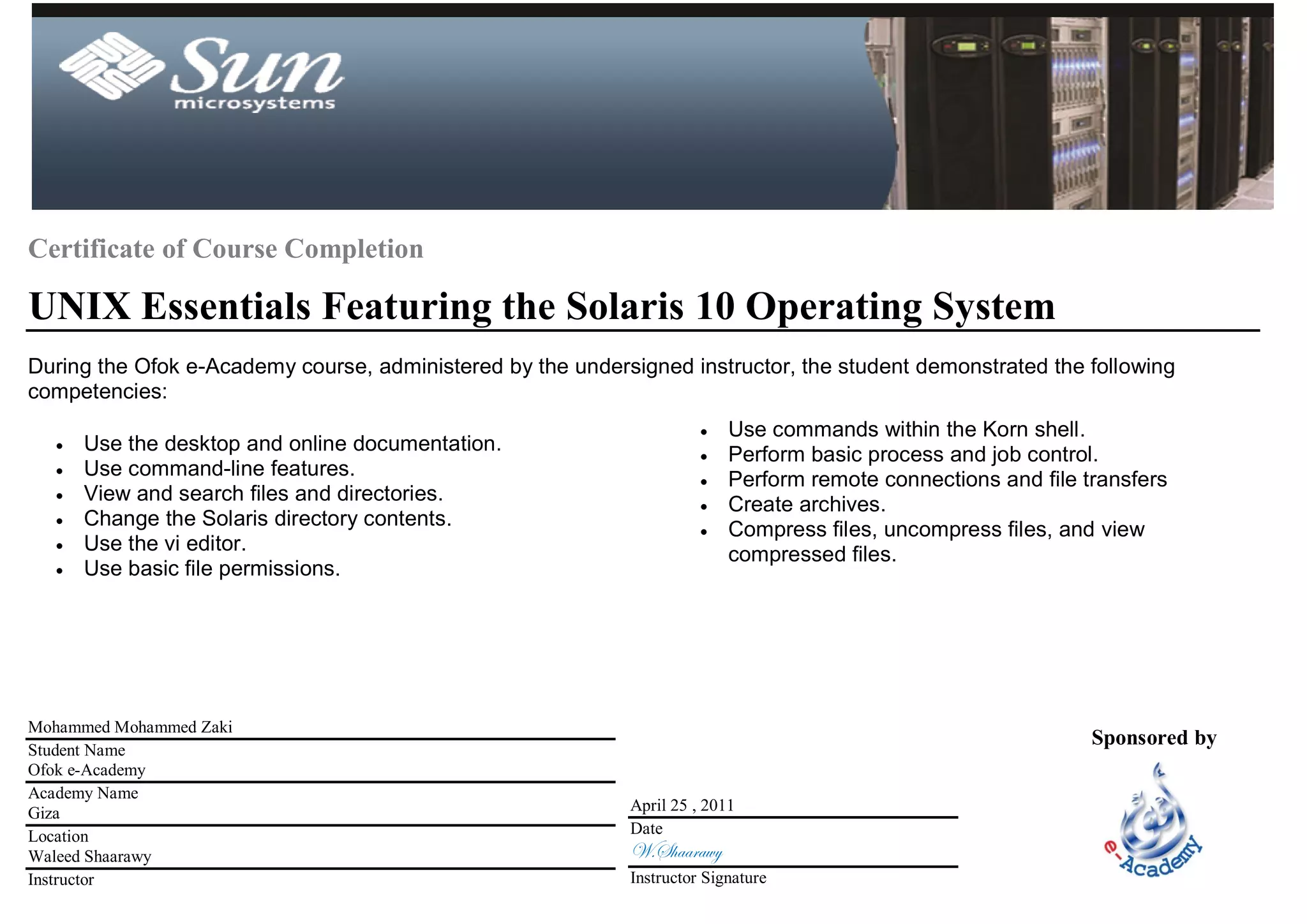 Mohammed Mohammed Zaki Unix Certificate | PDF