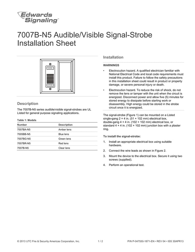 Edwards Signaling 7007B-N5 Installation Manual | PDF
